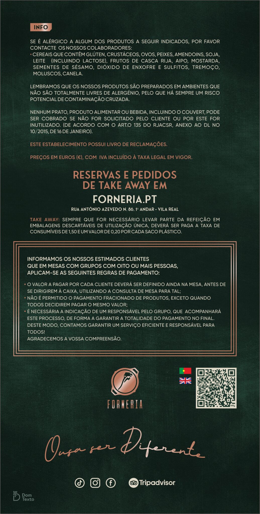 Menu Forneria - Almanaque de Sabores | Forneria Vila Real