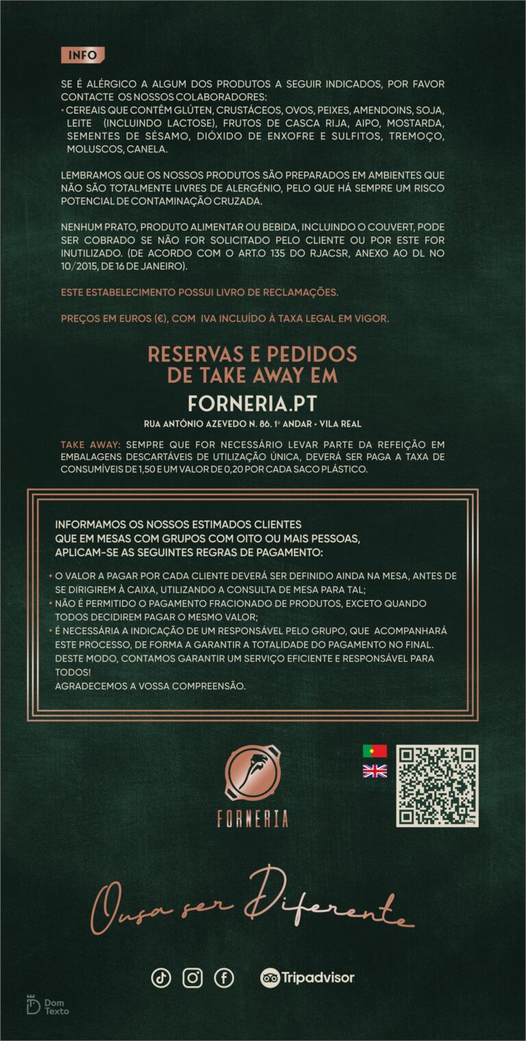 Menu Forneria - Almanaque de Sabores | Forneria Vila Real