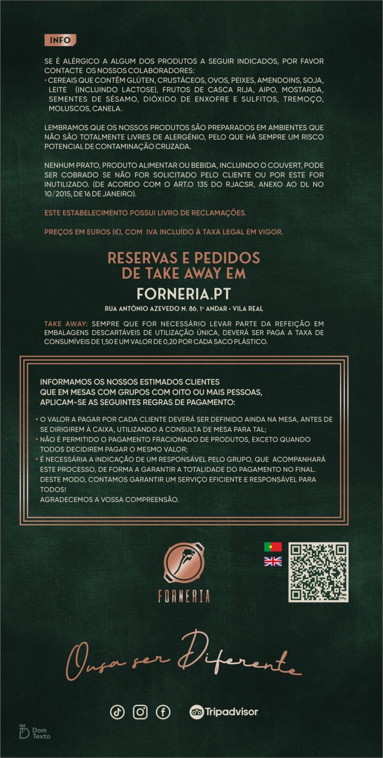 Menu Forneria - Almanaque de Sabores | Forneria Vila Real