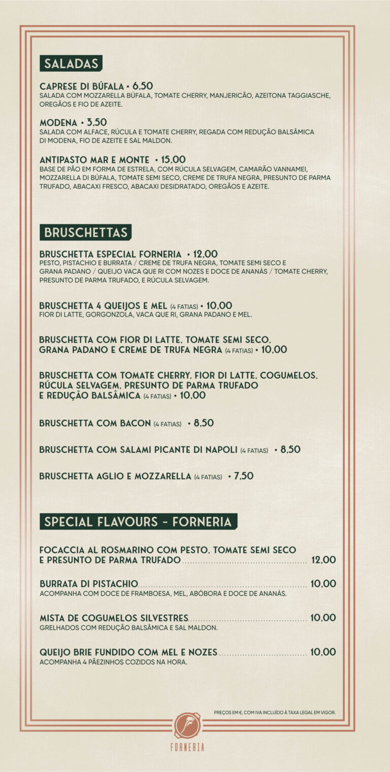 Menu Forneria - Almanaque de Sabores | Forneria Vila Real